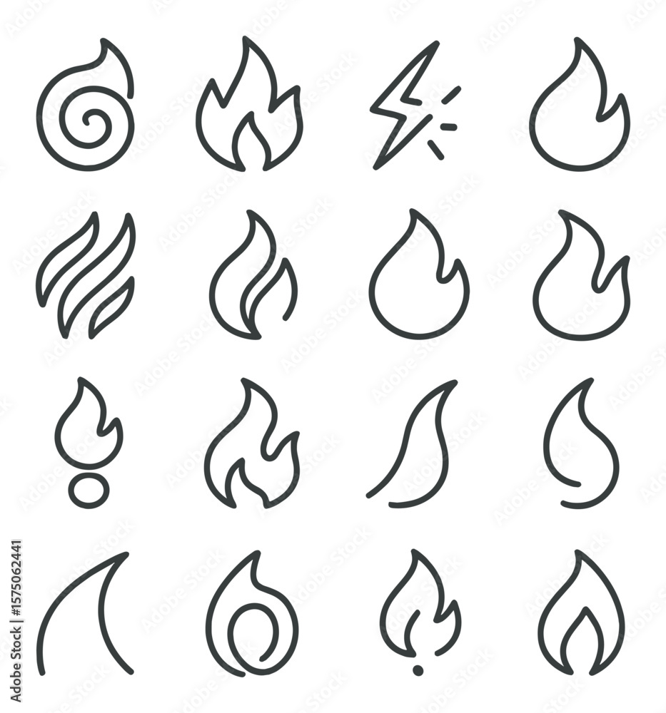Abstract fire forms line art icons. spiral flame, geometric blaze ...