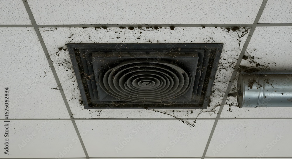 Grimy and Cobweb-Covered Air Vent on Tiled Ceiling: Symbol of Neglect ...
