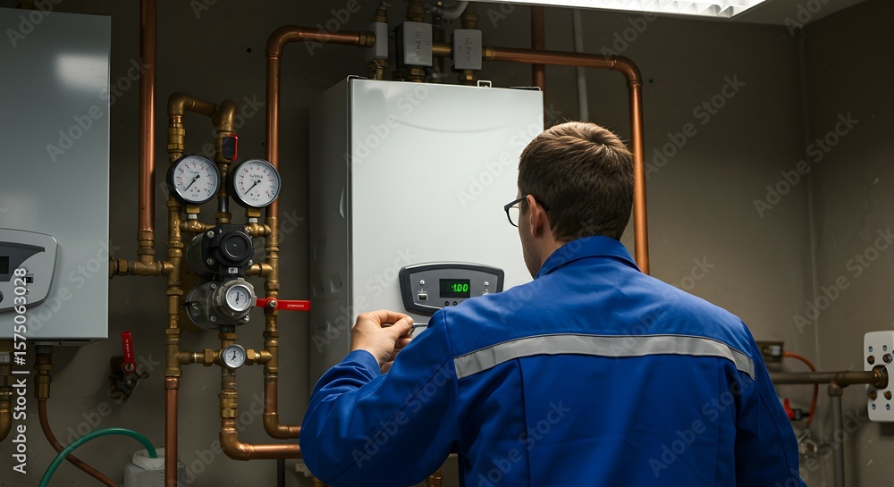 Stock-Foto „HVAC Technician Servicing a Modern Residential Gas Boiler ...