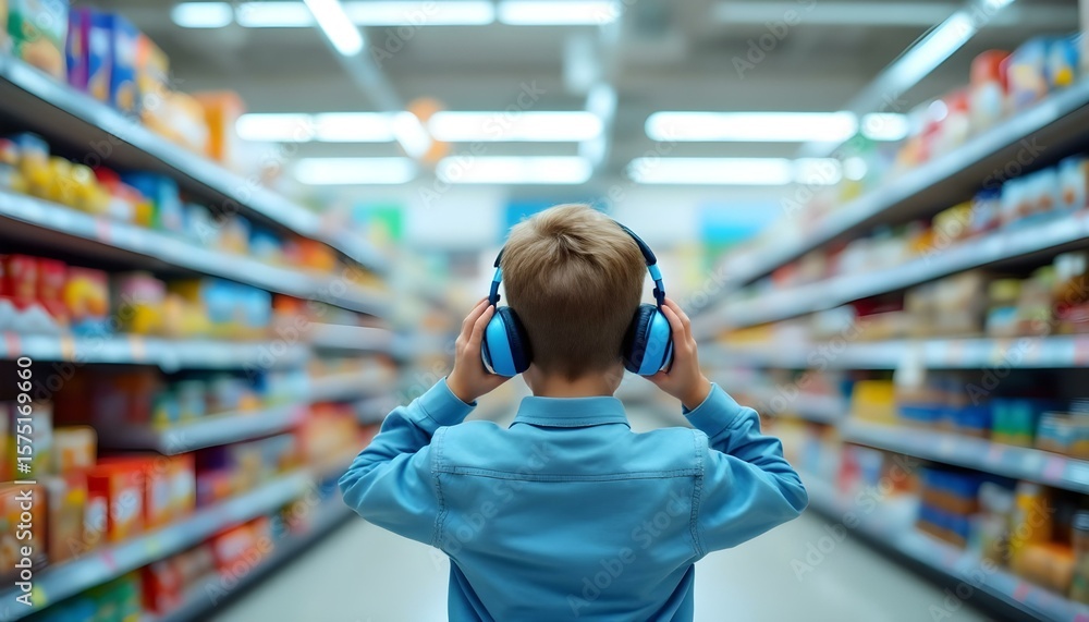 Autistic boy wearing noise cancelling headphones in supermarket aisle ...