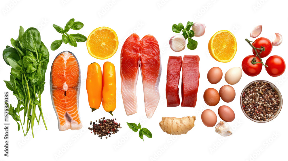 Raw and cooked food items from each group shown side by side background ...