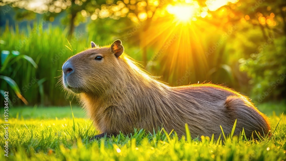 Majestic capybara, world's largest rodent, basking in the sun on lush ...
