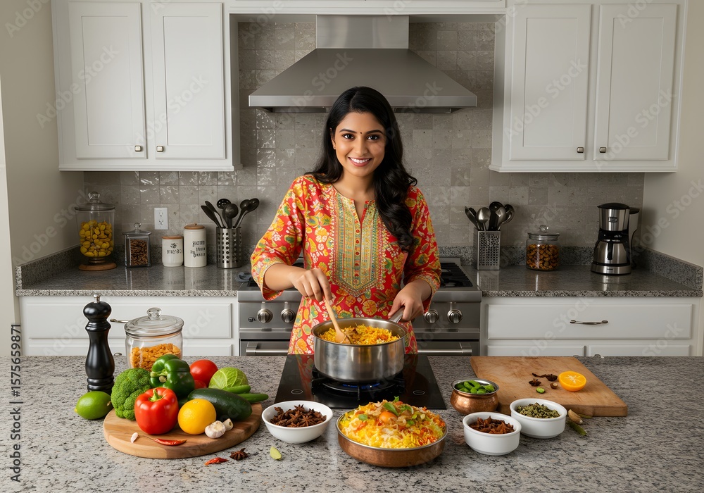 Smiling woman cooking Indian food in modern kitchen with various fresh ...
