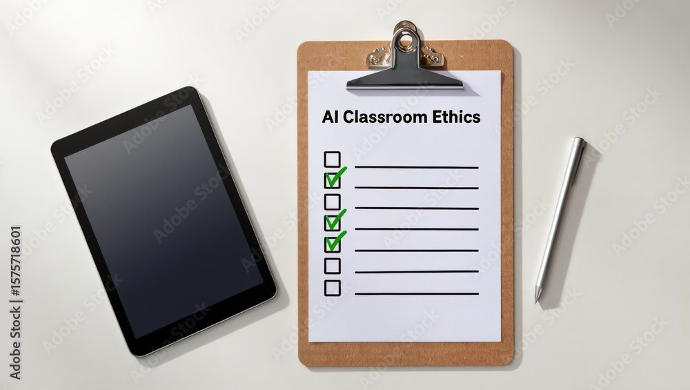 AI Classroom Ethics Checklist on Clipboard with Tablet and Pen in ...