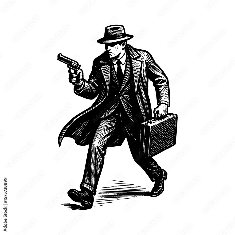 Classic Vintage Detective Man in Trench Coat with Gun and Briefcase ...