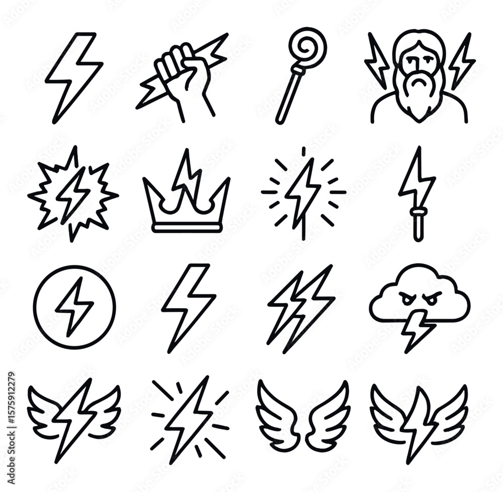 Mythology and power line art icons. thunderbolt, Zeus hand, magical ...