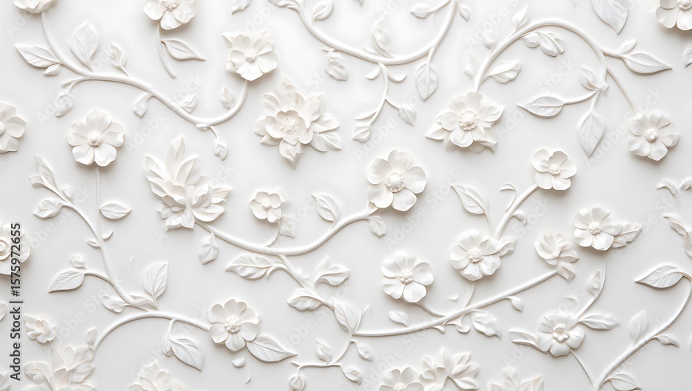 Intricate White Floral Relief Design for Elegant Backgrounds, Subtle Textural Artwork in a ...