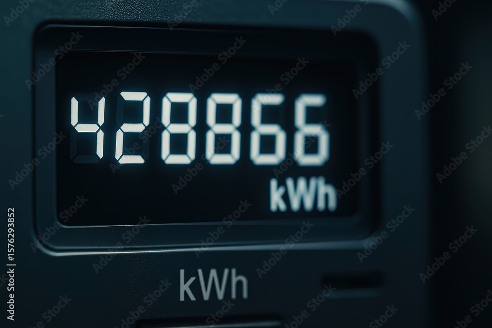 Digital energy meter display showing electric usage in kilowatt-hours ...