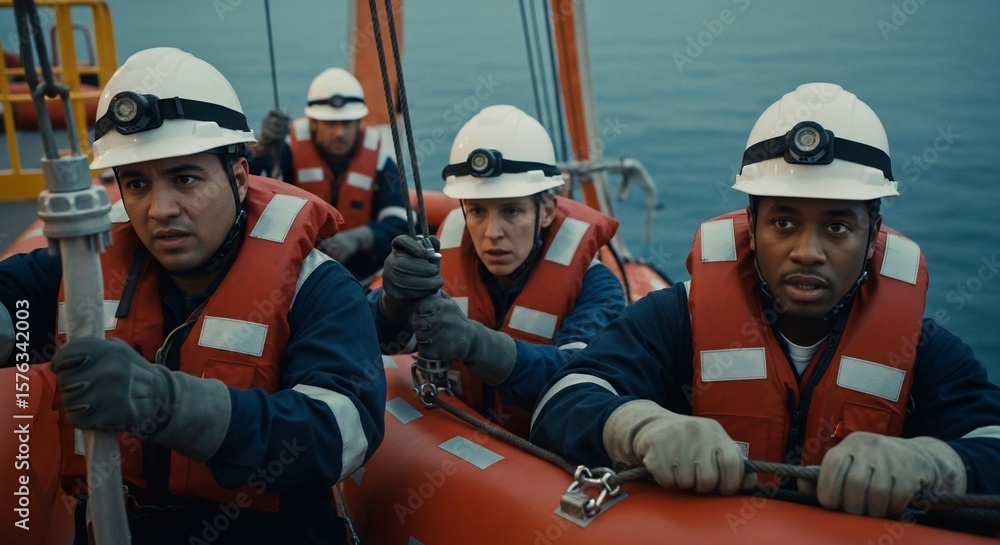 Offshore Oil Rig Workers in Lifeboat During Emergency Evacuation Stock ...
