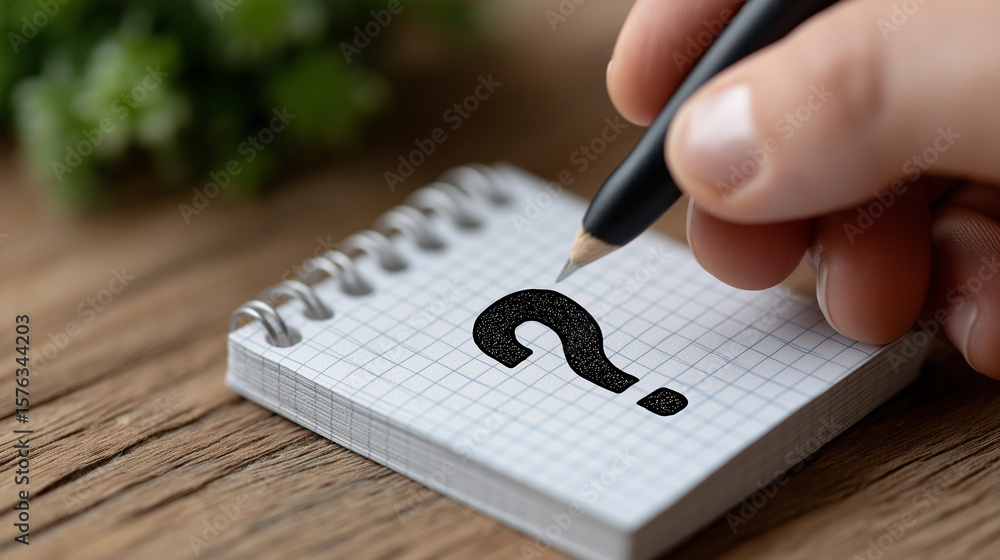 Stock-Foto „Graph Paper Notepad with Large Black Question Mark, Shot on ...