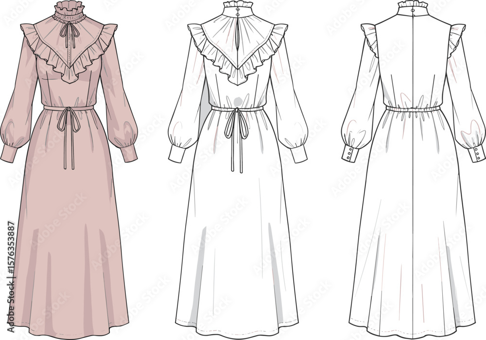 Image vectorielle Stock Victorian style midi dress technical fashion ...