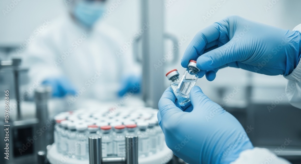 Closeup of hands handling vaccine vials during drug manufacturing ...