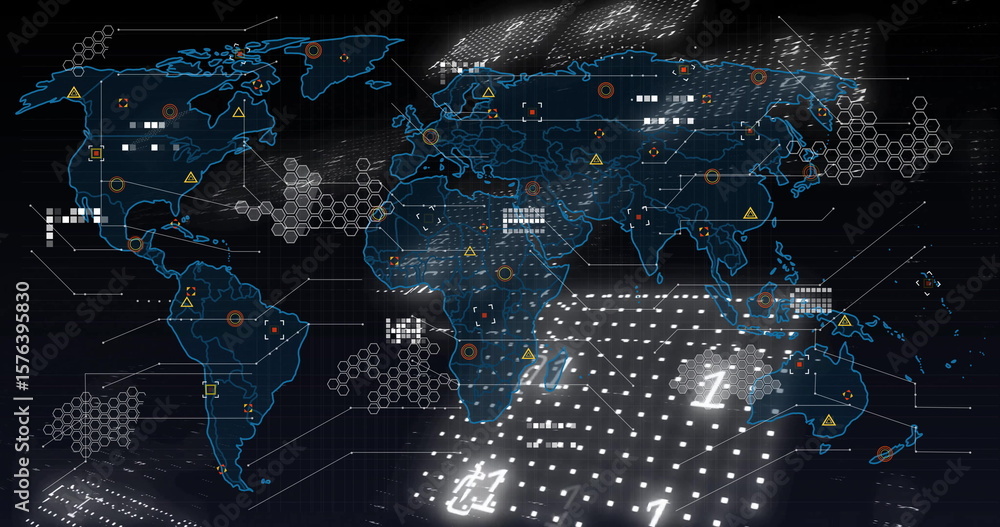 Displaying global network map with dot matrix on dashboard, showing ...