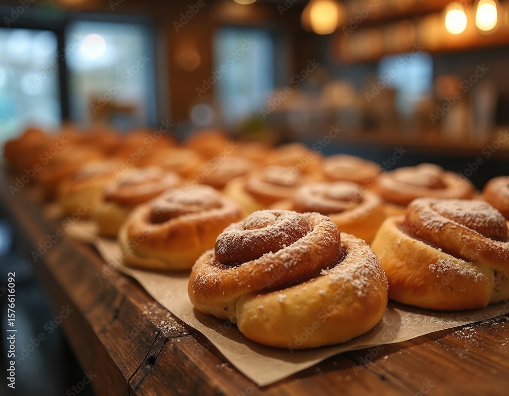 Warm, aromatic cinnamon rolls dusted with powdered sugar on a bakery ...