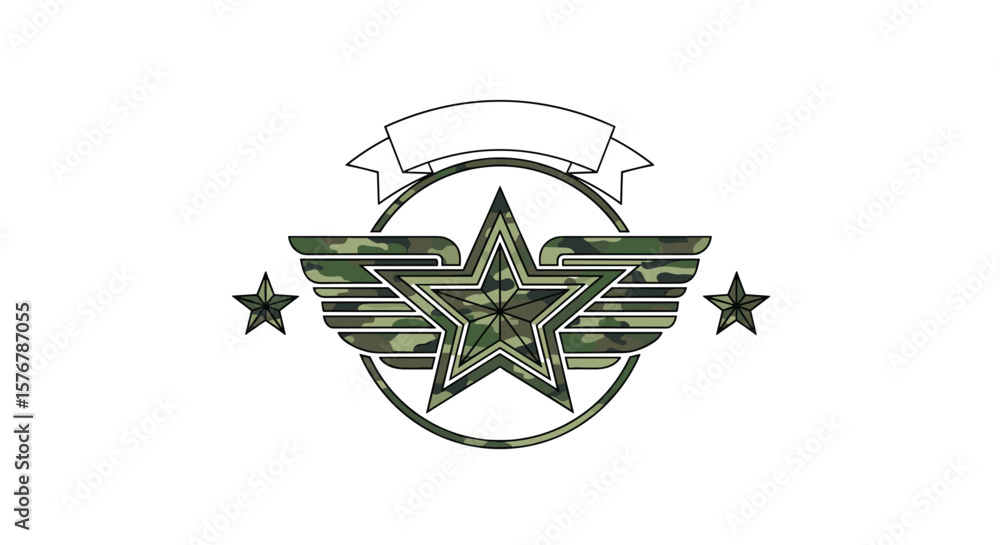 Military style star emblem with camouflage wings and stars an ...