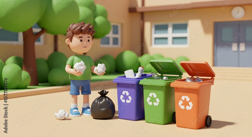 3D Cartoon Boy Recycling Waste Paper into Bins at School, Promoting ...