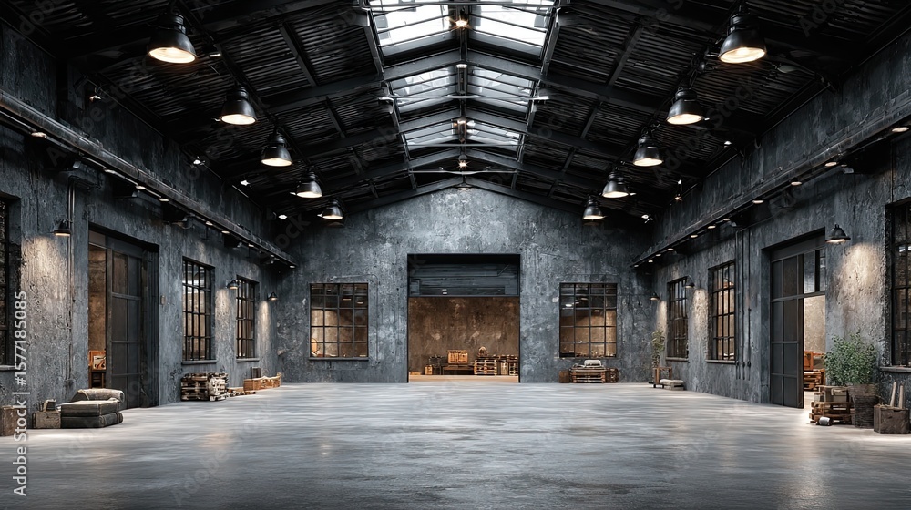 Grunge workshop garage depot with industrial concrete walls, urban ...