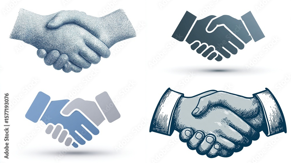 Four variations of stylized handshakes, two with detailed, textured ...