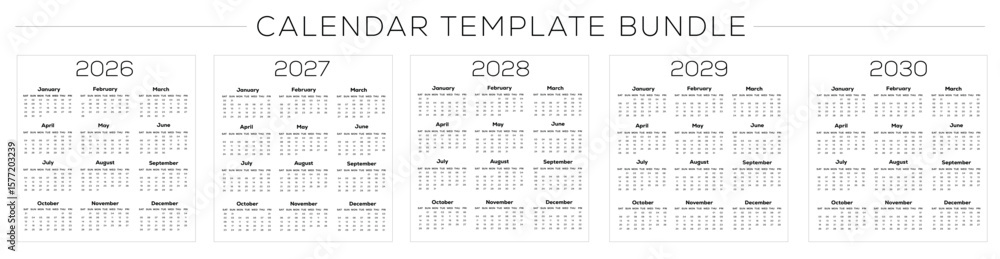 editable vertical calendar template bundle for 2026 - 2030. simple ...