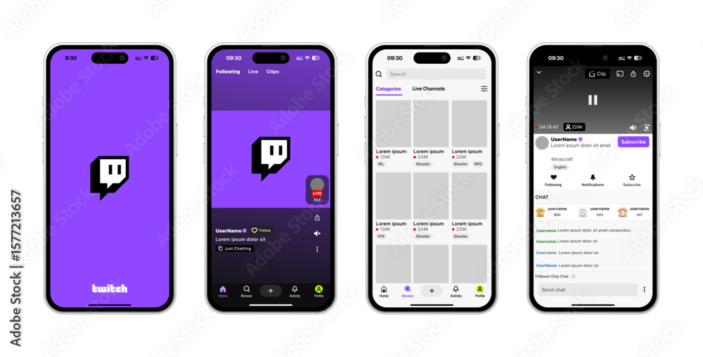 Twitch UI template in 2025 style. Includes live stream layout, chat ...