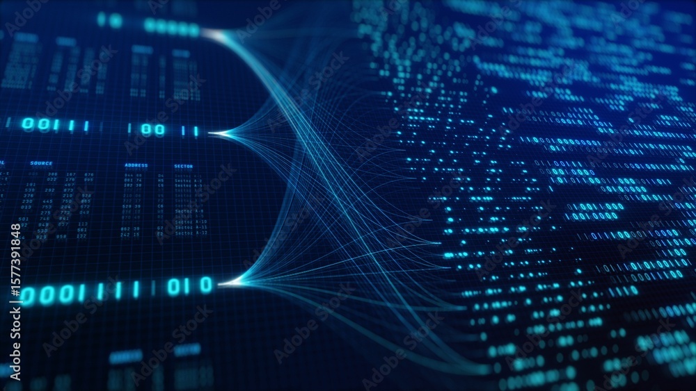 Neural Network Big Data Flow Visualization, Binary Code Matrix, AI Machine Learning Abstract ...