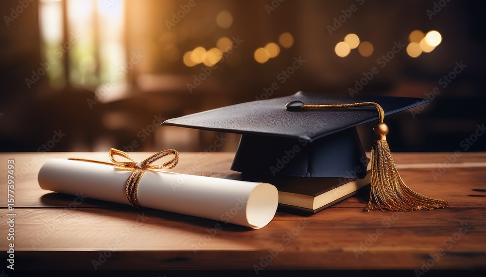 graduation cap with tassel resting on diploma paper on wooden desk ...