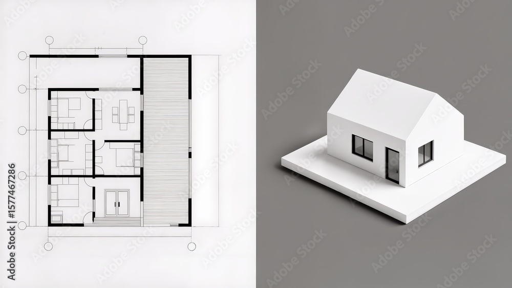 Monochrome Split of House Design with Measured Draft and Volumetric ...