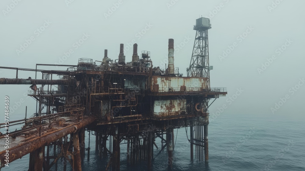 Abandoned Offshore Oil Rig Platform in Foggy Ocean, Industrial Decay ...