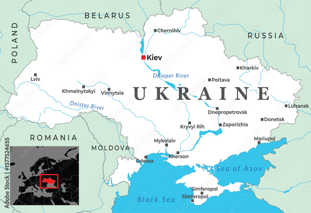 Political map of Ukraine displaying major cities, key rivers ...