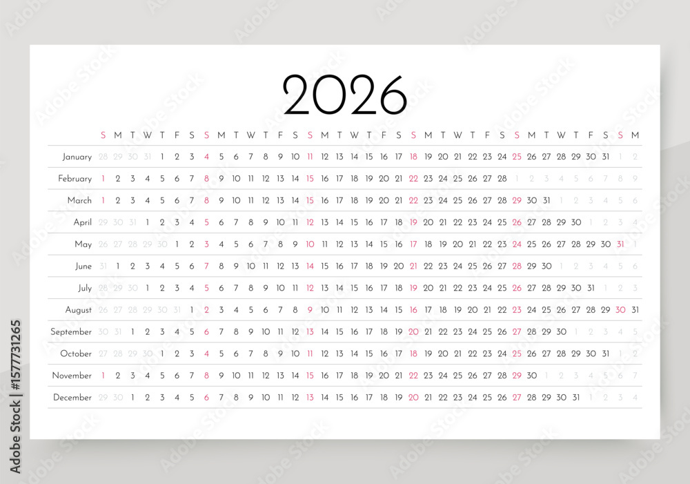2026 calendar. Linear planner template. Horizontal yearly calender ...