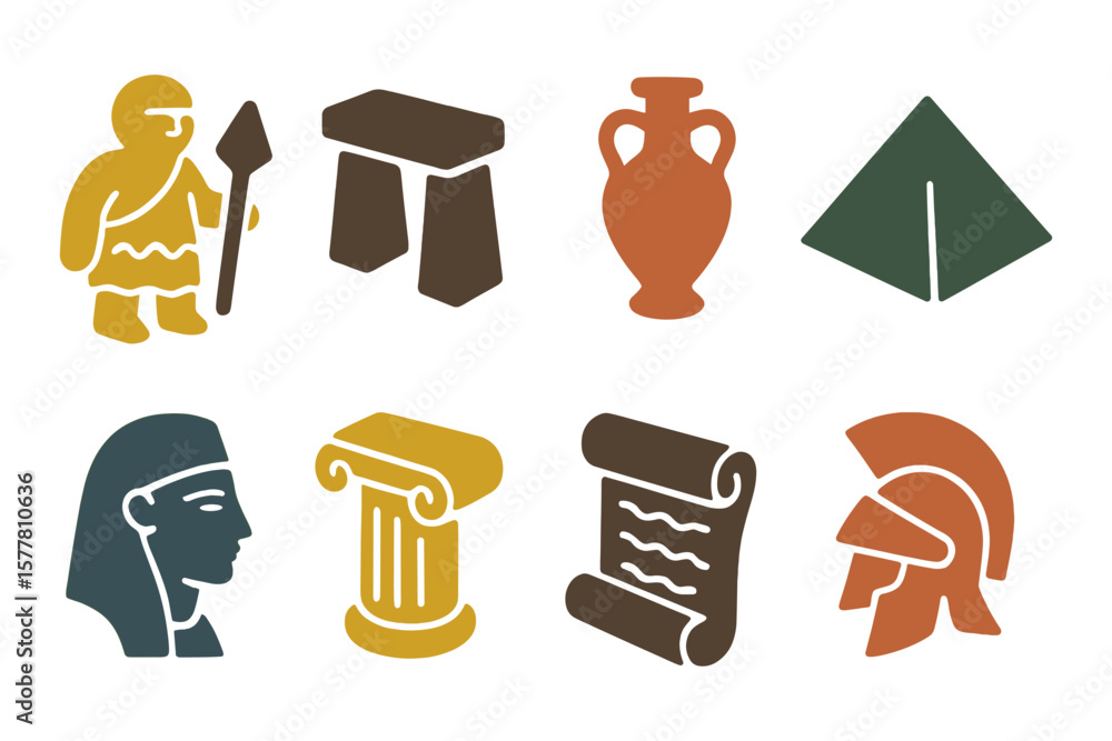 Ancient symbols collection: greek warrior, egyptian pharaoh, and iconic ...
