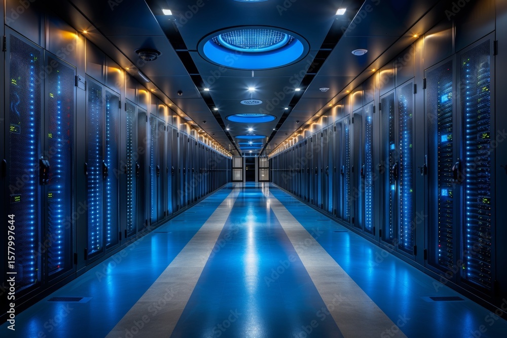Showcasing a data center aisle with server cabinets, blinking leds, and advanced digital ...