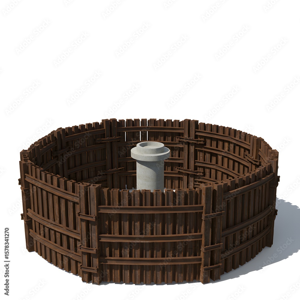 A circular wooden fence with a concrete structure stands as a unique ...