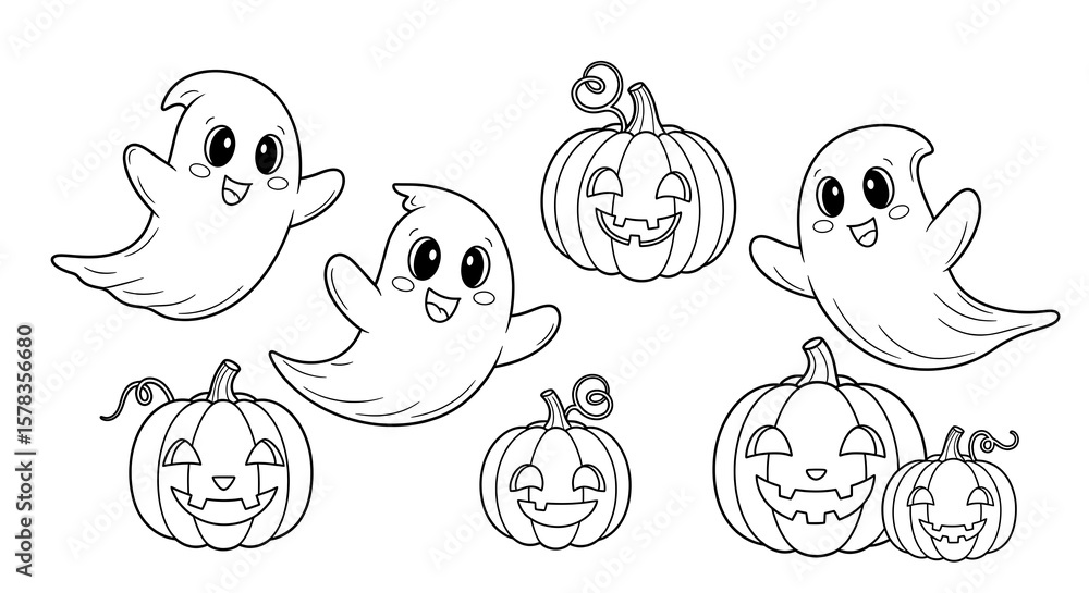 Cute cartoon ghosts and jack o lanterns for halloween coloring page ...
