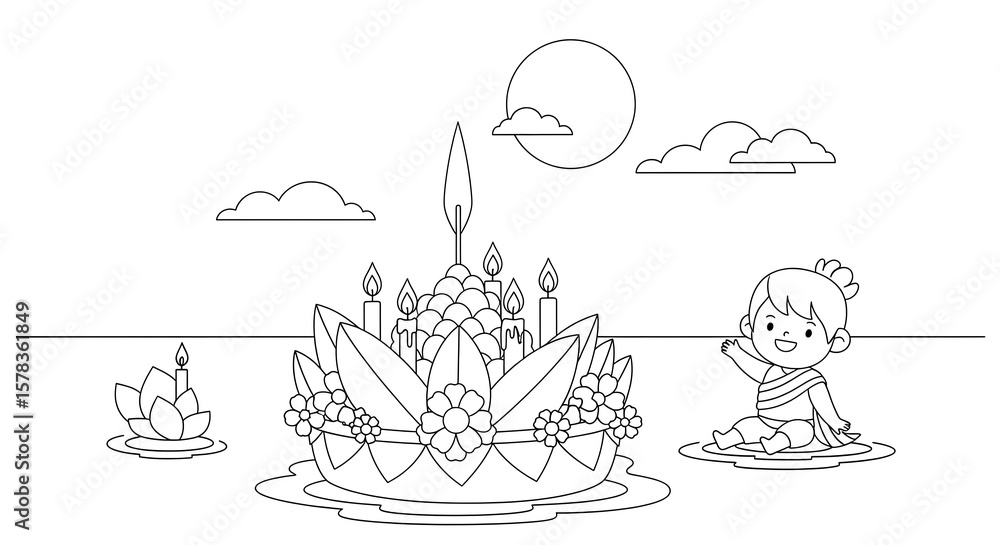 Cute cartoon girl celebrating loy krathong festival with a krathong and ...