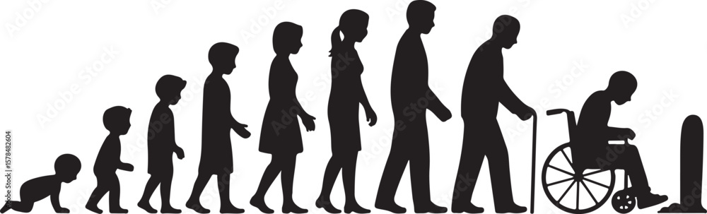 Life cycle and aging process. Person growing up from baby to old age ...