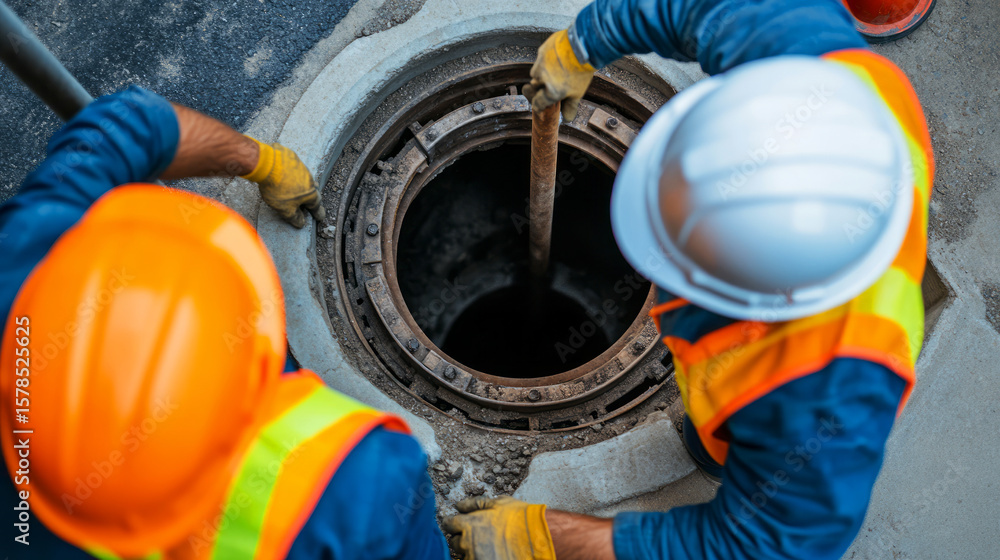 Construction Workers Inspecting Manhole with Tools in Urban Area ...
