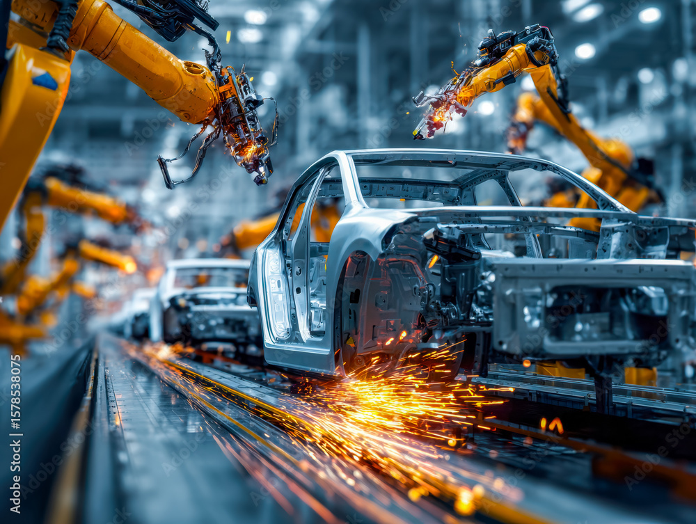 Automated car manufacturing with robotic arms welding on an assembly ...