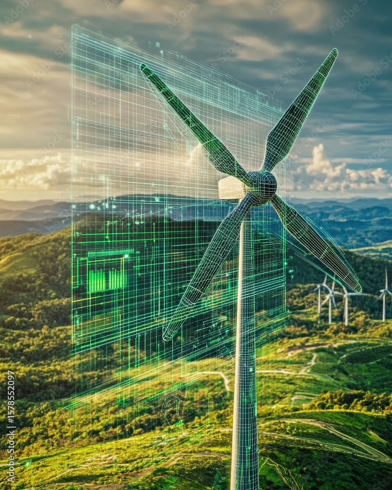wind turbine hologram being managed by AI avatar showing carbon ...