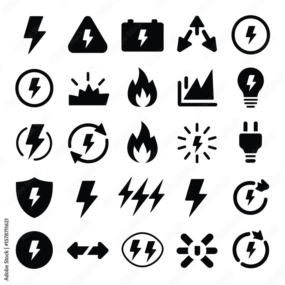 Collection of Thirty Black Electricity Power Energy Icons Symbols Set ...