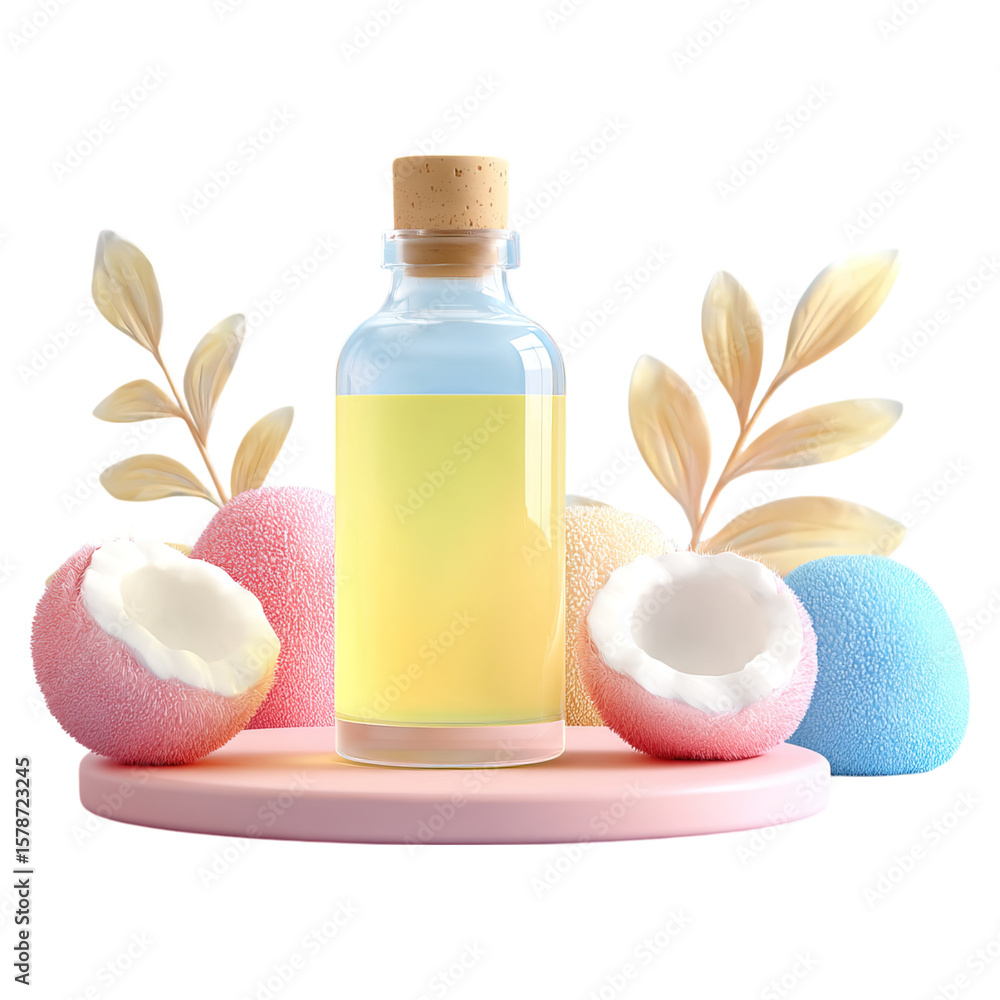 MCT oil bottle displayed with opened fresh coconuts concept. Aesthetic ...