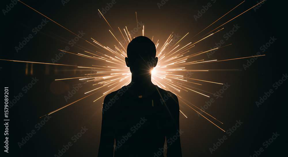 Silhouette of a person standing against a radiating light burst ...