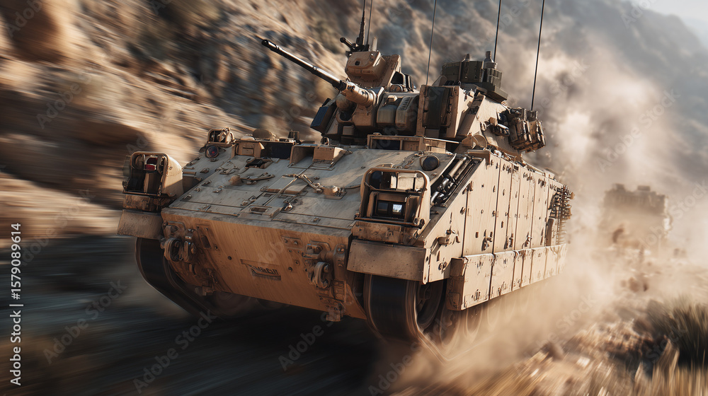 Bradley Fighting Vehicle advancing through rugged battlefield, armored ...