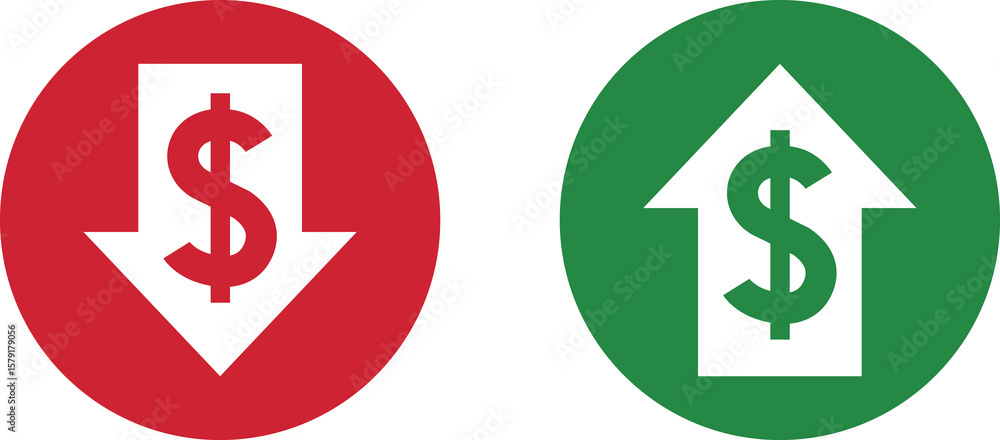 Money increase and decrease icons. Low or high total cost icon. Price, sale, rate or profit ...