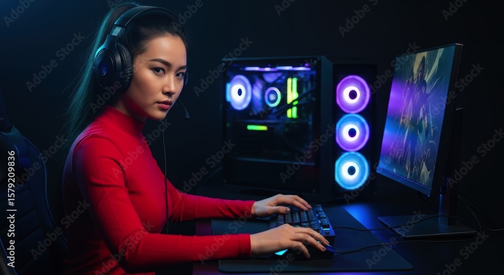 Professional asian woman gamer with headset and RGB gaming PC setup in ...