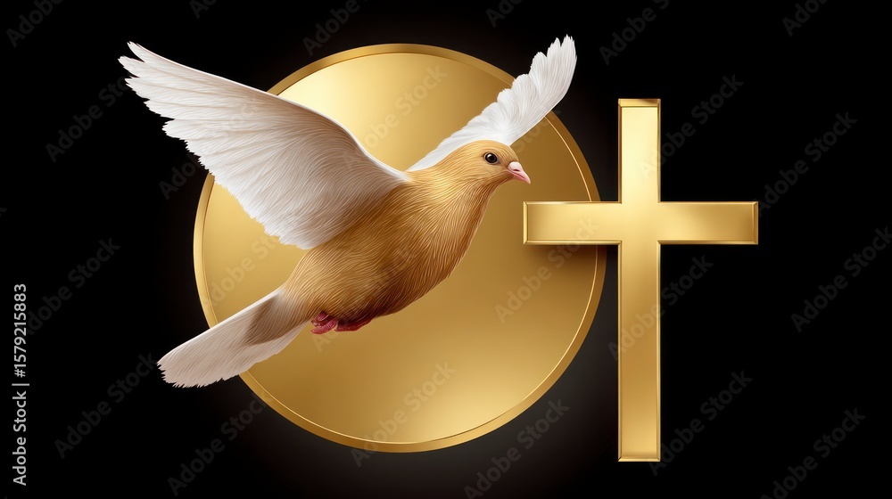 Golden dove flying past a cross symbol with a gold circular background ...