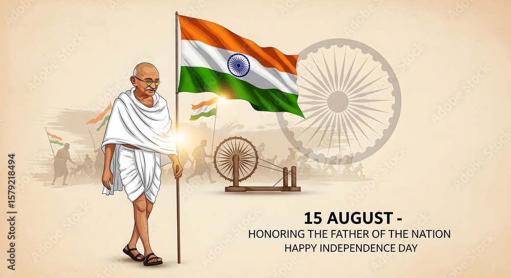 Mahatma gandhi and indian flag honoring father of the nation on ...