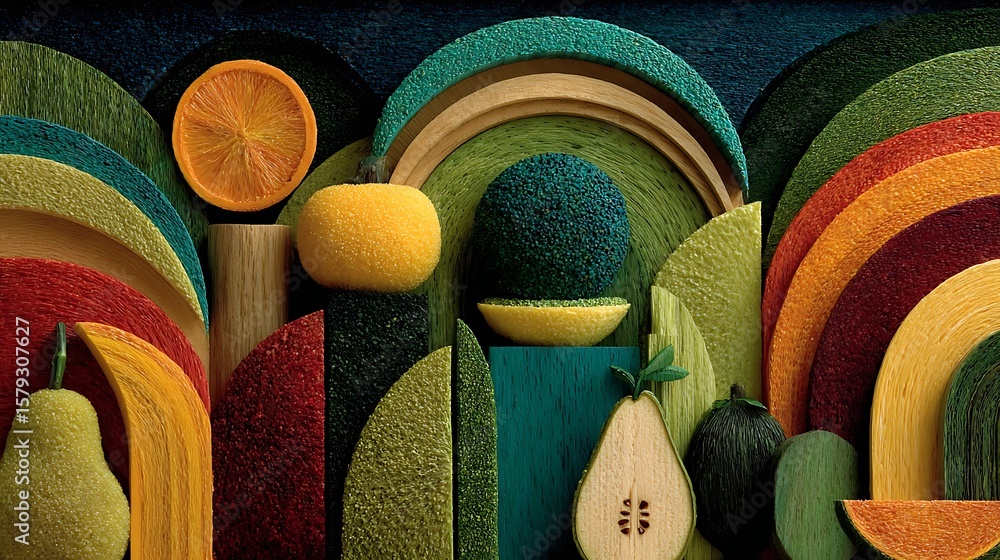 Abstract composition showing sliced and whole produce layered on curved ...