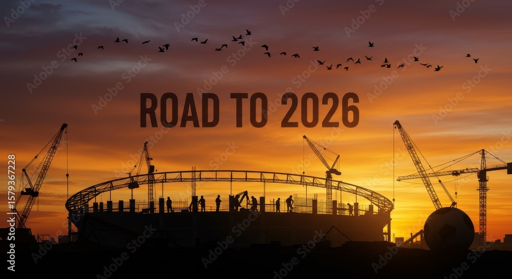 Stadium Construction Sunset 2026 - Silhouette of stadium under ...