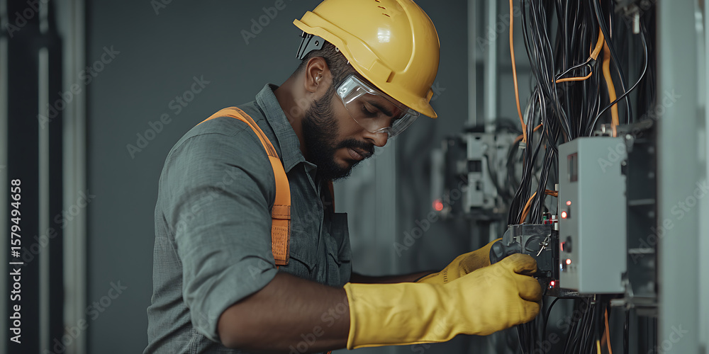 Electrician works on electrical panel. He is wearing protective gear ...